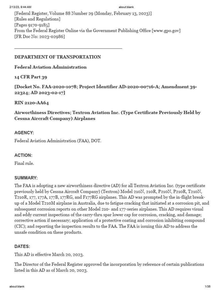 FAA Airworthiness Directive for Textron Aircraft | PDF | Federal ...