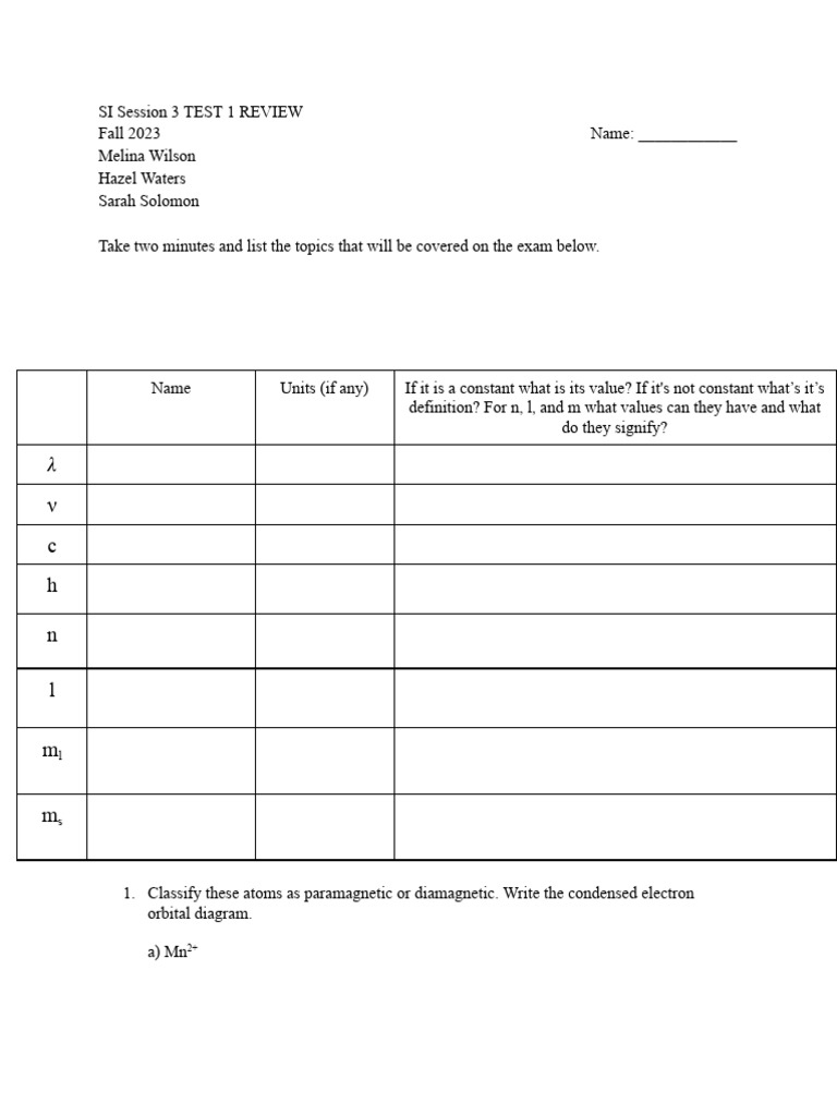 SI Session 3 Exam Review Guide | PDF | Energy Level | Atoms