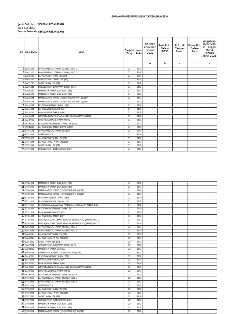 Borang Pra Pesanan Buku Teks SPBT Tahun 2025 Kegunaan 2026 | PDF