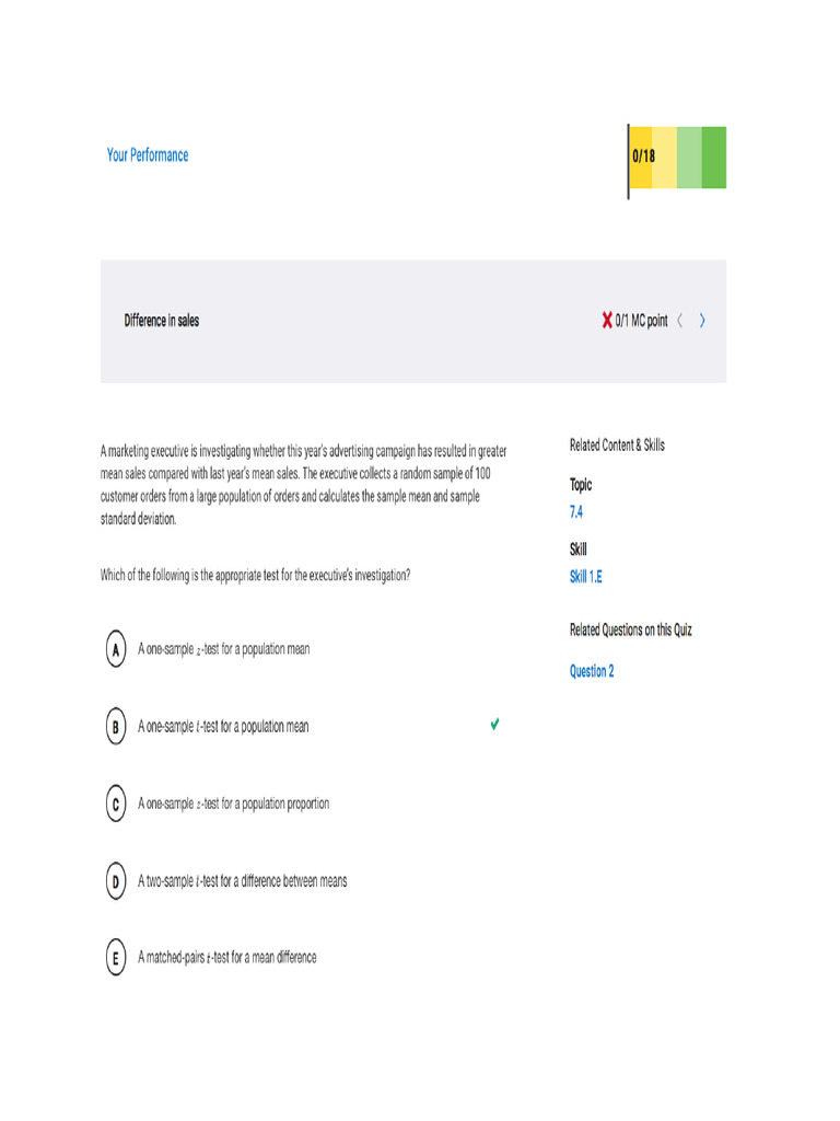 Confidence Intervals - Hypothesis Testing 1 Mean Multiple Choice V2 | PDF