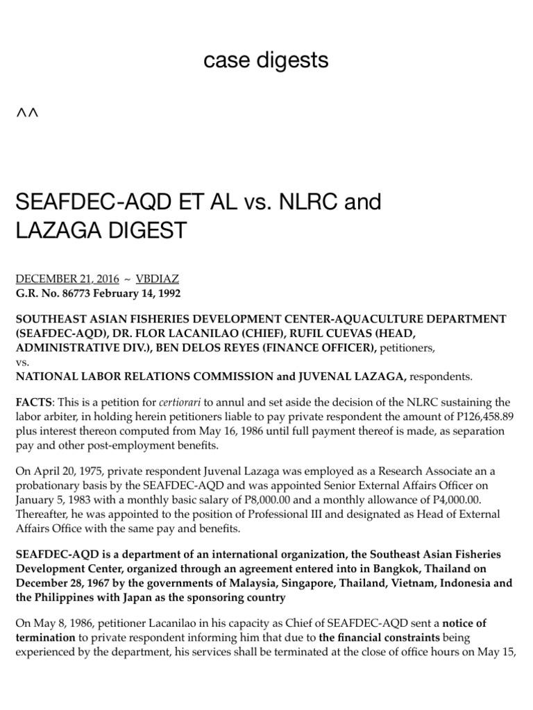 SEAFDEC-AQD ET AL vs. NLRC and LAZAGA DIGEST-case Digest | PDF | Lawsuit | Justice