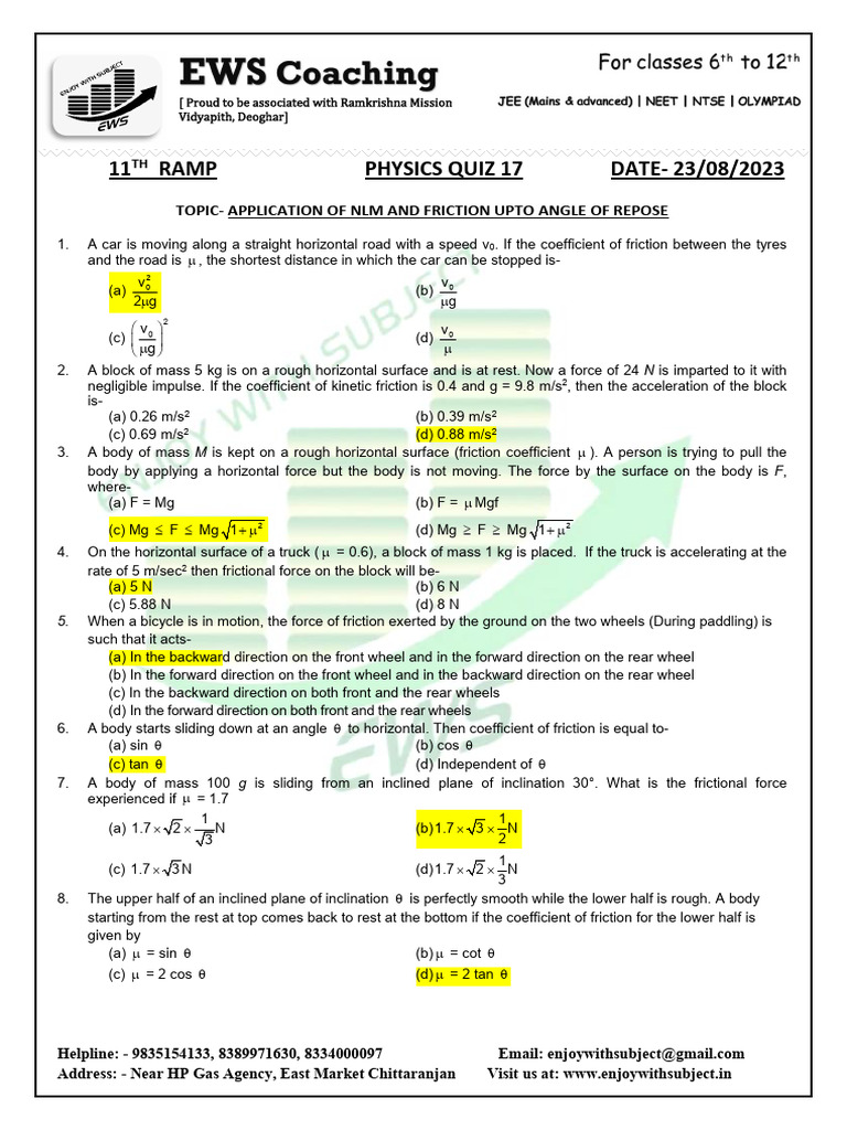 11th Ramp Physics Quiz on Friction | PDF | Friction | Force