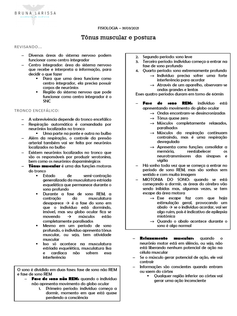 Fisiologia - Tônus Muscular | PDF | Músculo | Dormir