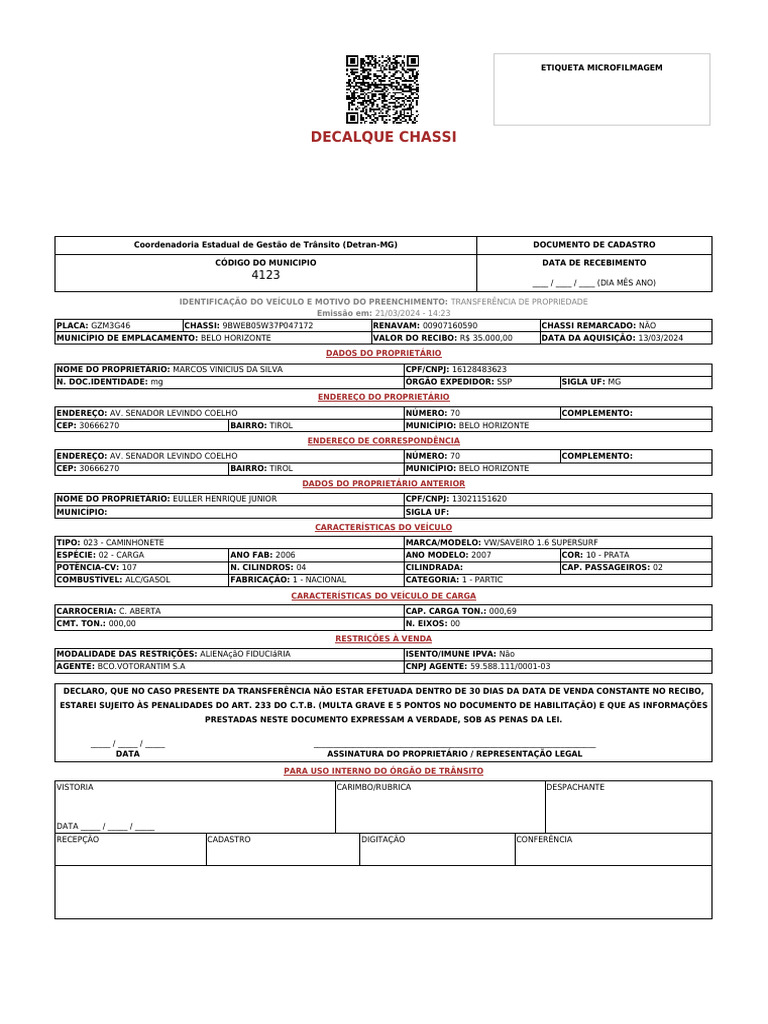 Ficha de Decalque de Chassi | PDF | Brasil | Veículos