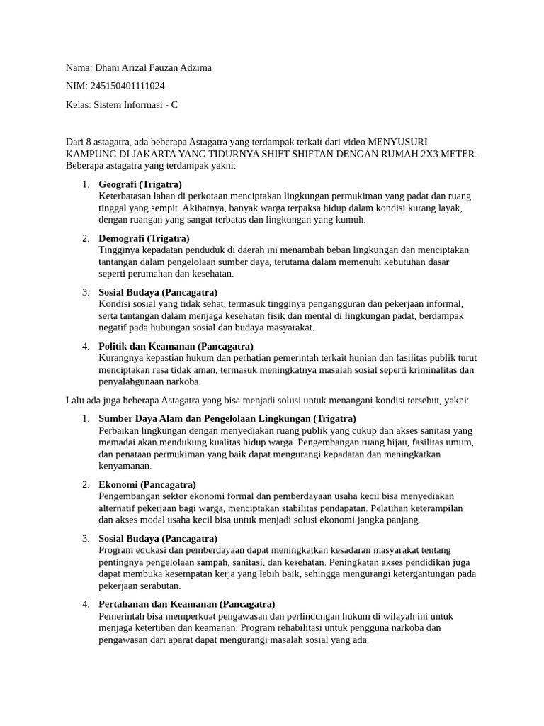 Argumen terkait Astagatra yang terdampak dan solusi dari Astagatra | PDF