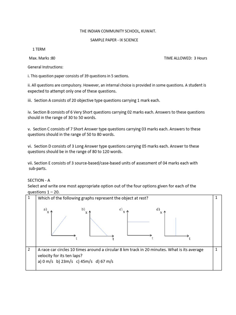 IX Science Sample Paper - Term 1 | PDF | Tissue (Biology) | Force