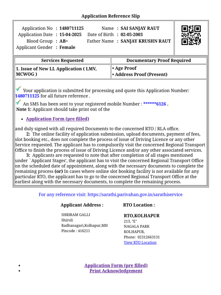 Application Form (Pre Filled) : For Any Reference Visit: Https://sarathi - Parivahan.gov - In ...