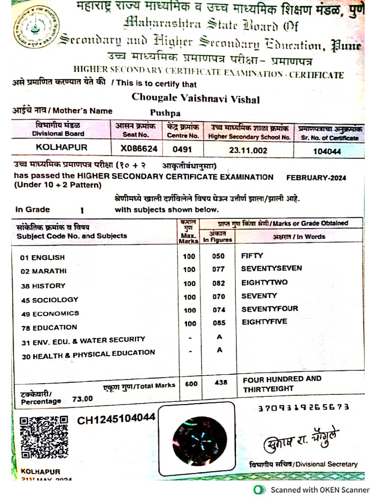 Vaishanavi Marksheet | PDF