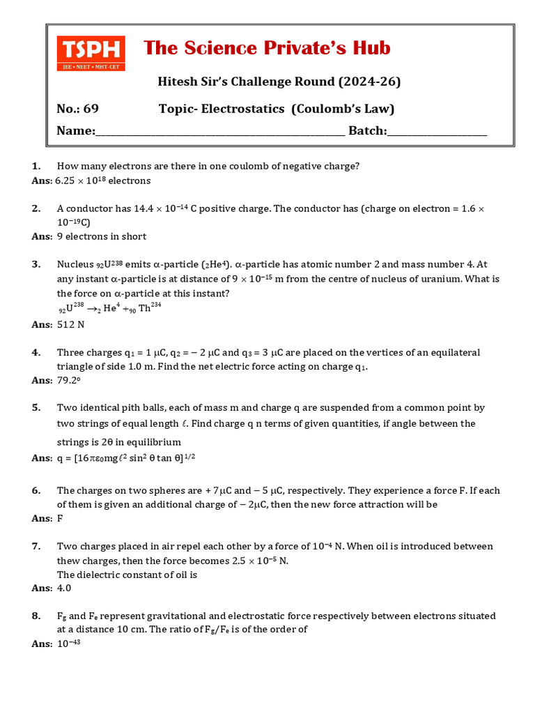 Electrostatics (Columb's Law) | PDF | Electric Charge | Electron
