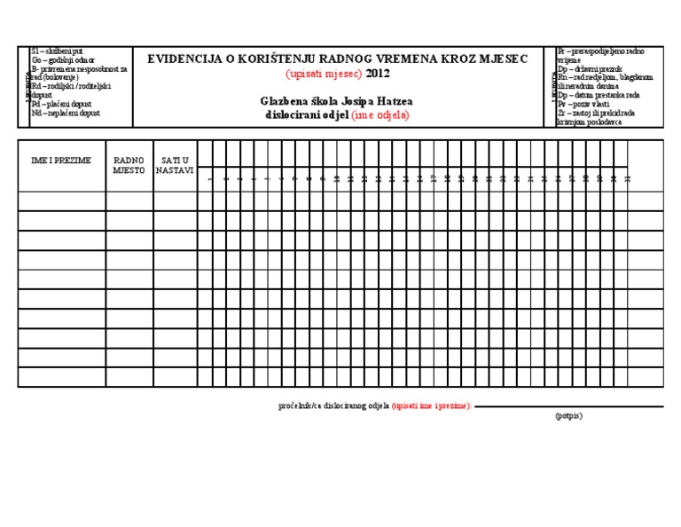 Prazna Tablica DO Evidencija Rada | PDF