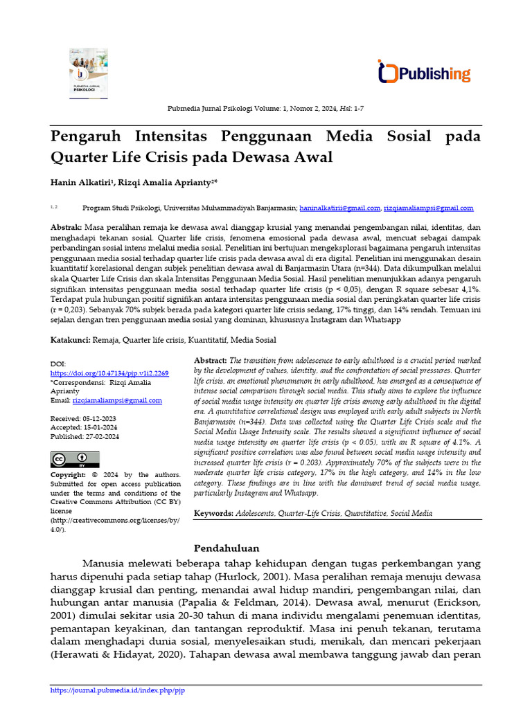 4 Pengaruh Intensitas Penggunaan Media Sosial Pada Quarter Life Crisis Pada Dewasa Awal | PDF