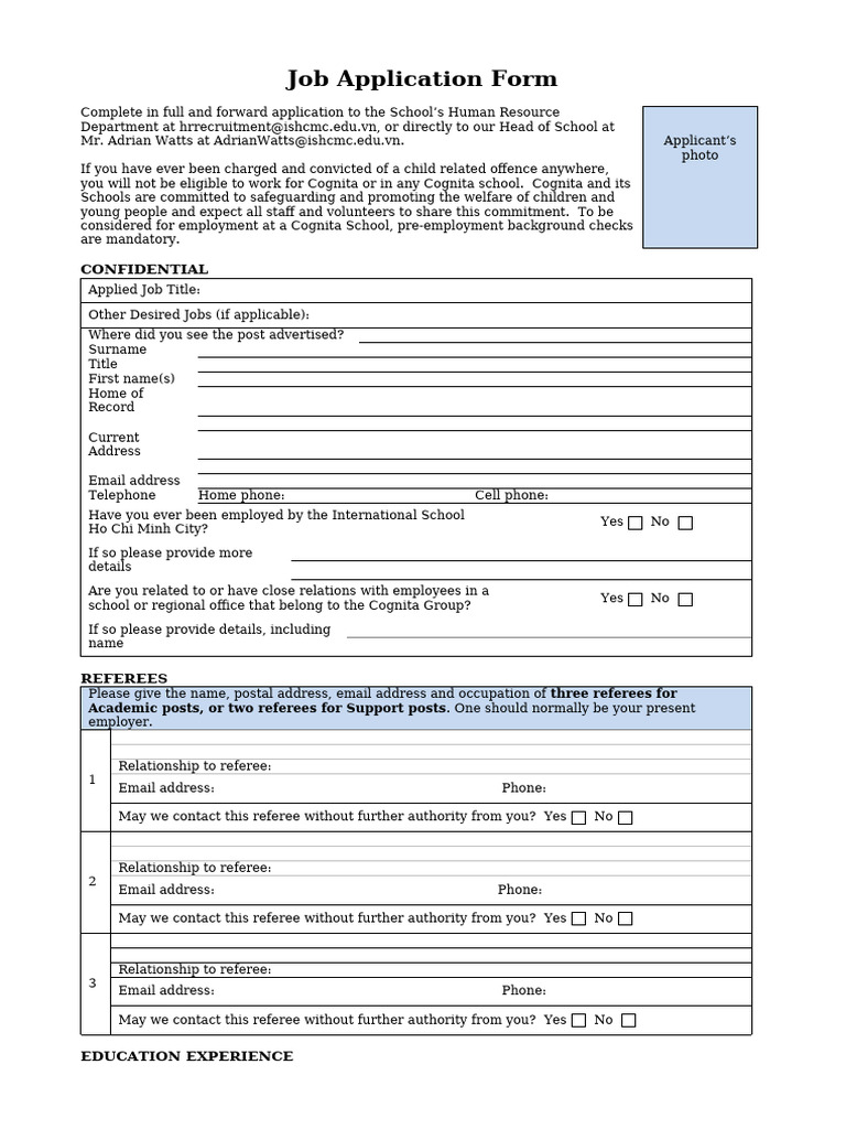 Job Application Form 1718 ISHCMC | PDF | Background Check | Résumé
