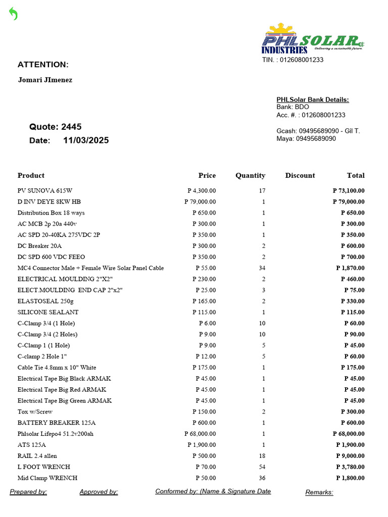 PHLSolar Product Quotation Summary | PDF | Solar Power | Manufactured Goods