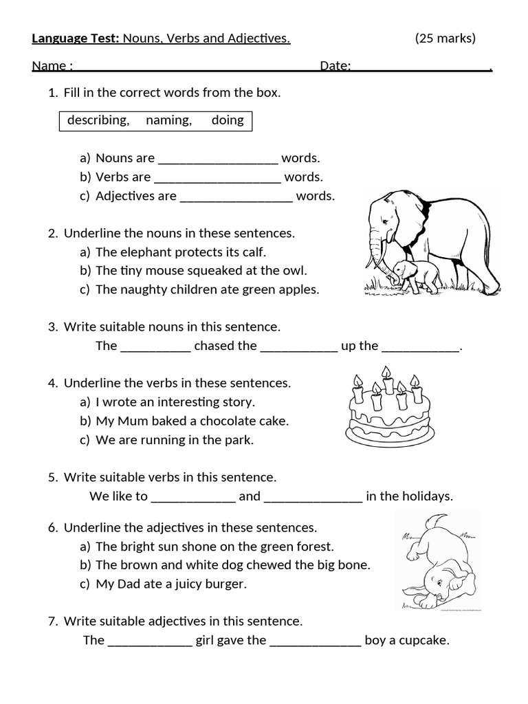 Language Test: Nouns, Verbs, Adjectives | PDF | Adjective | Verb
