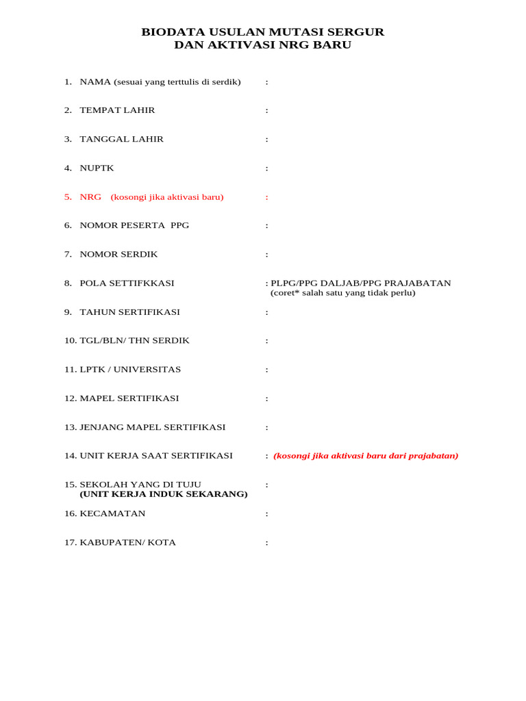 Contoh Biodata Mutasi Sergur Dan Aktivasi NRG Baru | PDF