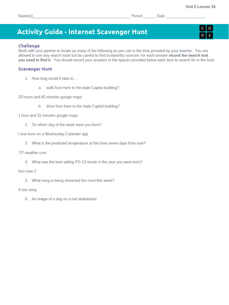 U2L16 - Activity Guide - Internet Scavenger Hunt 2021 | PDF