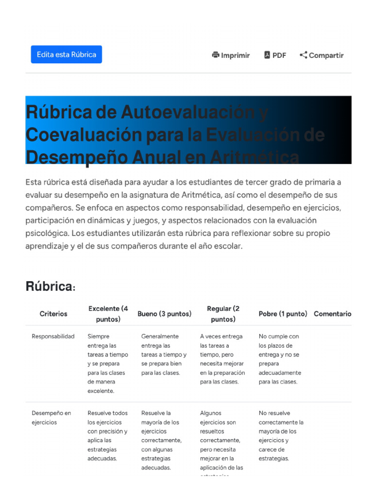 Rúbrica de Autoevaluación Y Coevaluación para La Evaluación de Desempeño Anual en Aritmética | PDF