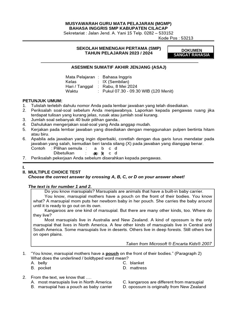 Soal ASAJ Bhs. Ing Tahun 2023-2024 | PDF | Orangutan | Apple