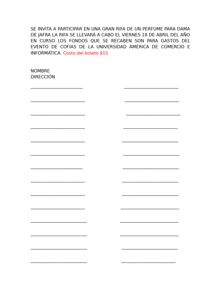 Rifa de Perfume Jafra - 18 de Abril | PDF