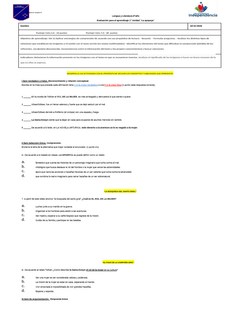 Eval. 1° Unidad La Epopeya 2025 NEEP | PDF | Poesía épica