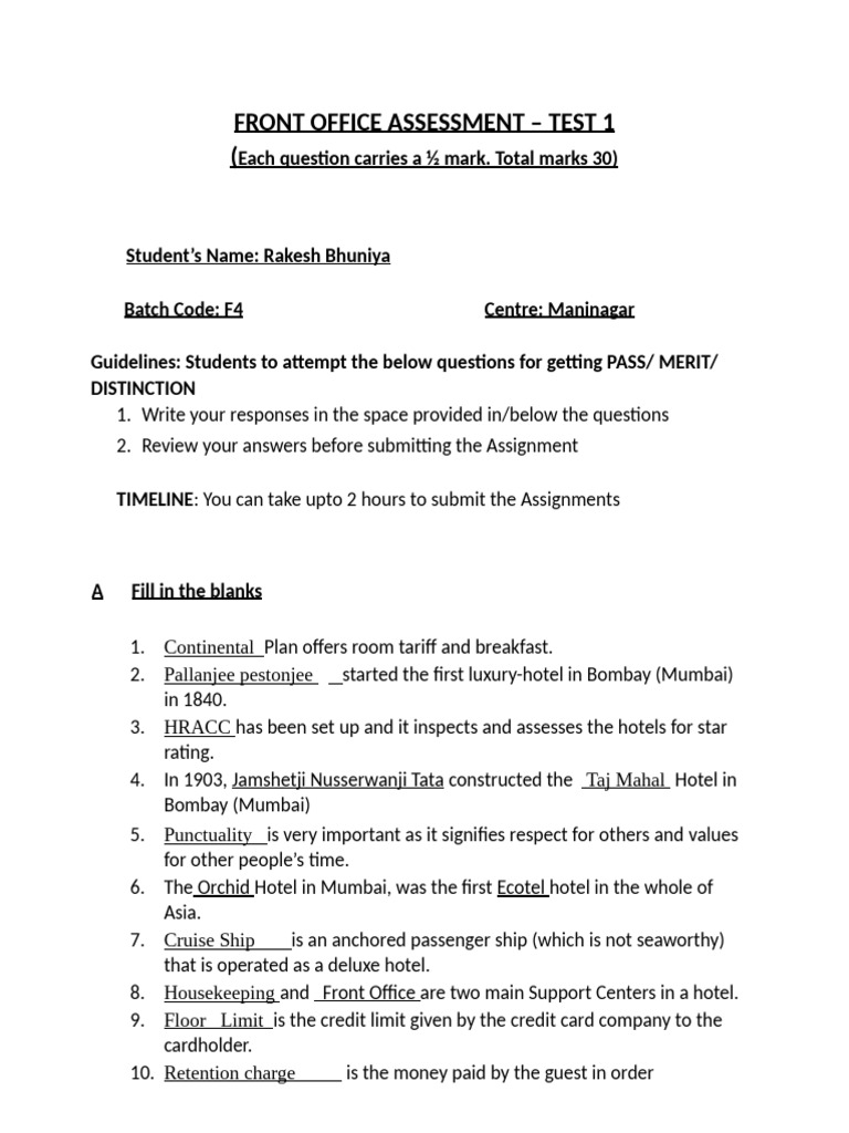 Rakesh Front Office Assignment | PDF | Hotel | Payments