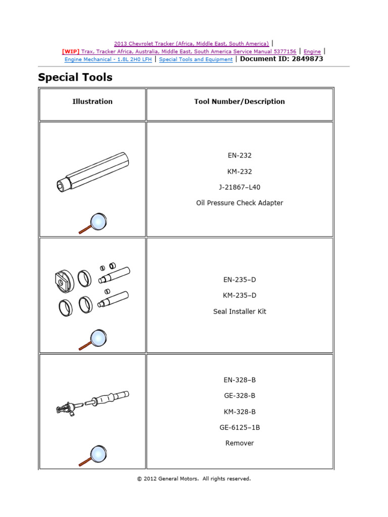 2013 Chevrolet Tracker Engine Tools Guide | PDF | Valve | Engines