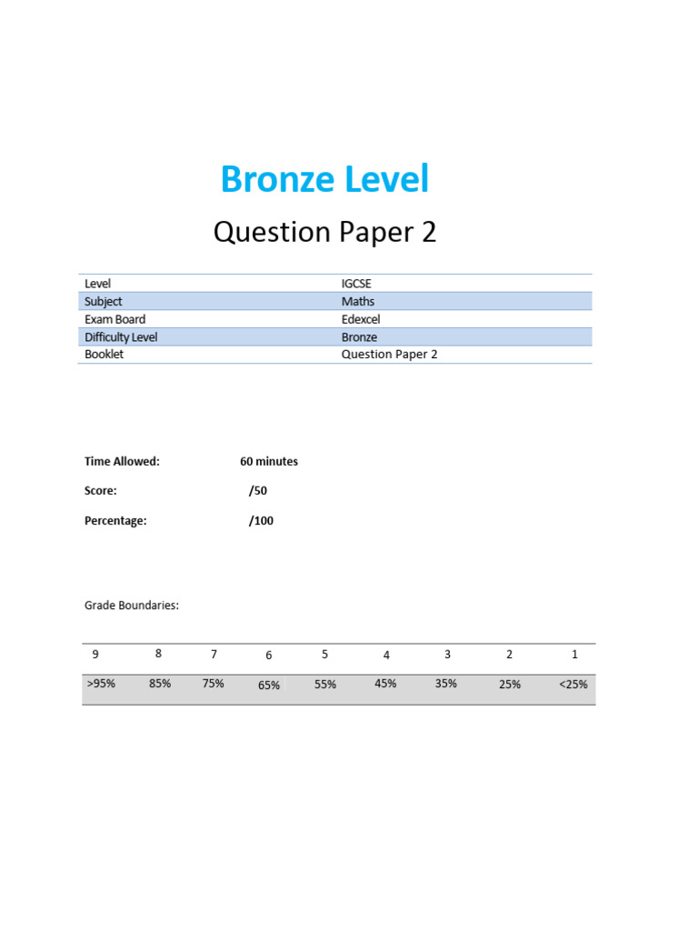 Igcse Edexcel Math - Bronze qp2 - Igcse 9-1 | PDF | Student Assessment And Evaluation ...