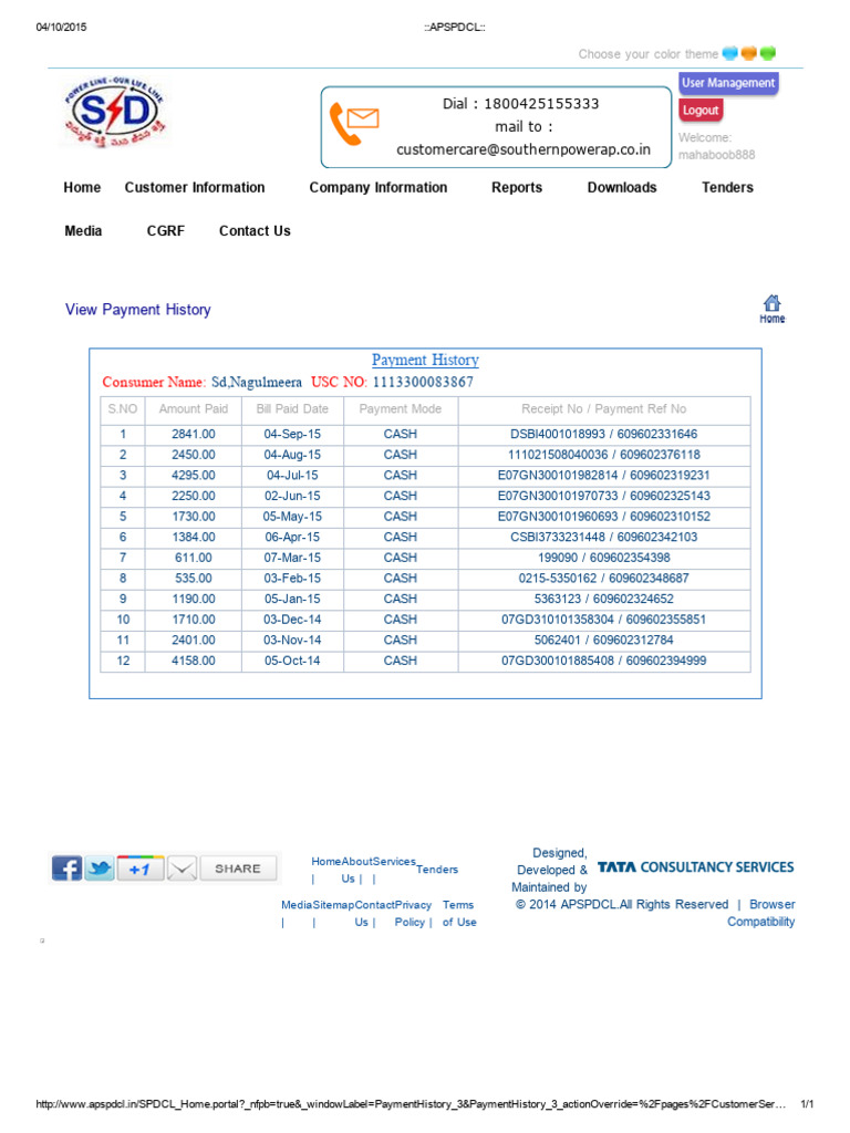 APSPDCL Payment History Overview | PDF | Money | Payments
