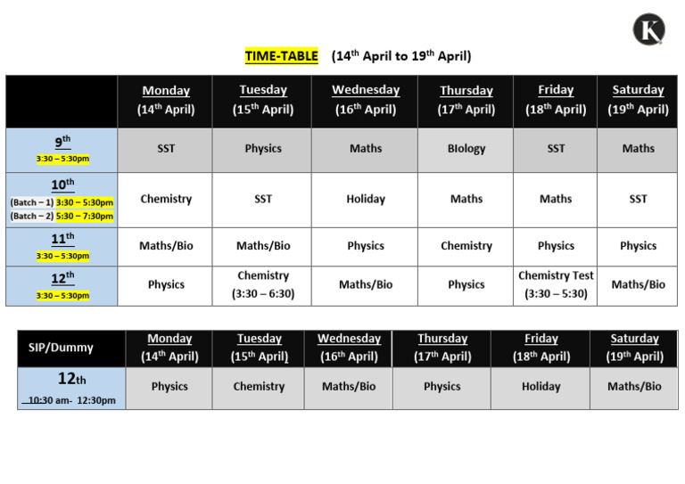 Updated TIME-TABLE Karna Institute | PDF
