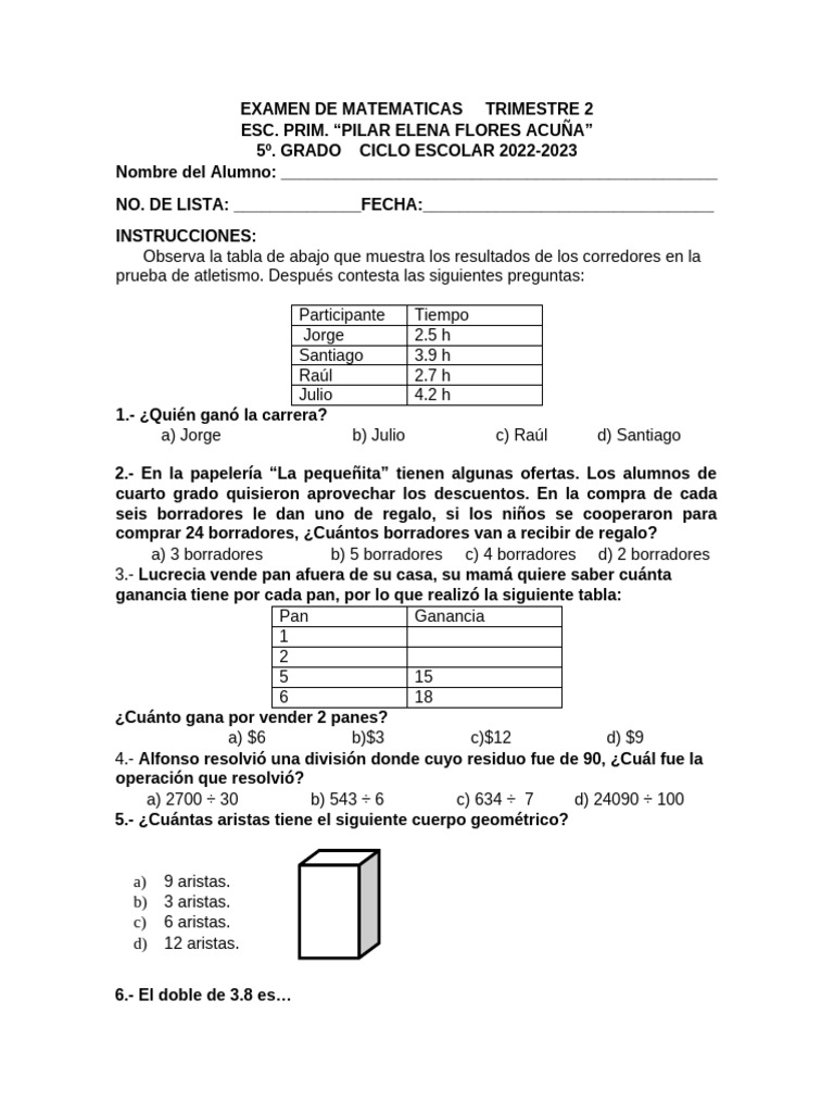 Examen de Matematicas, Segundo Trimestre, Quinto Grado | PDF