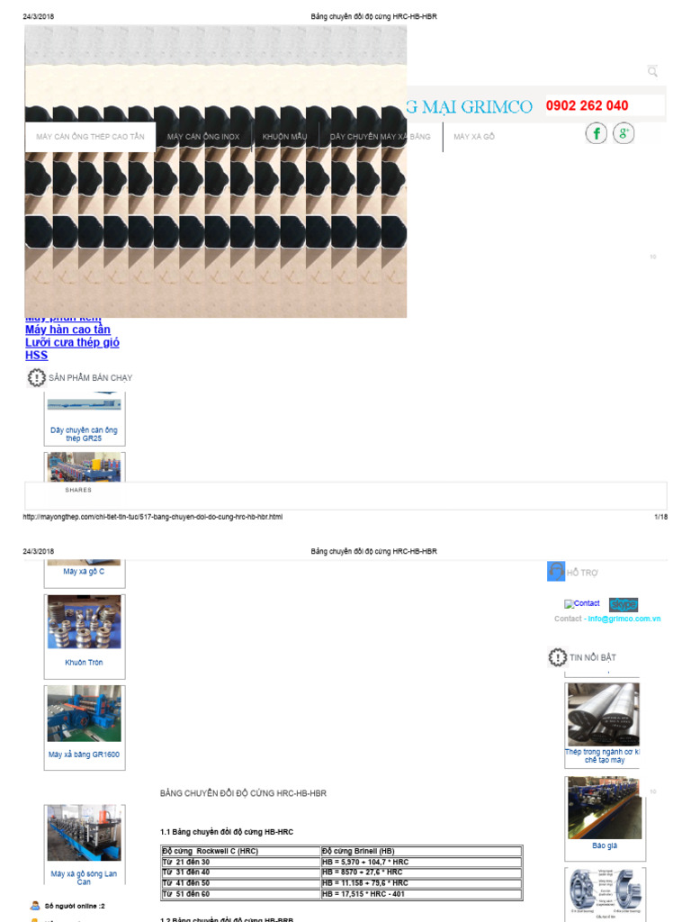 Bảng chuyển đổi độ cứng HRC-HB-HBR | PDF