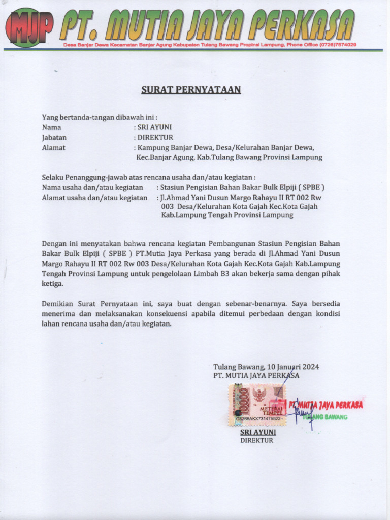 SURAT PERNYATAAN PT. MUTIA JAYA PERKASA 2 | PDF