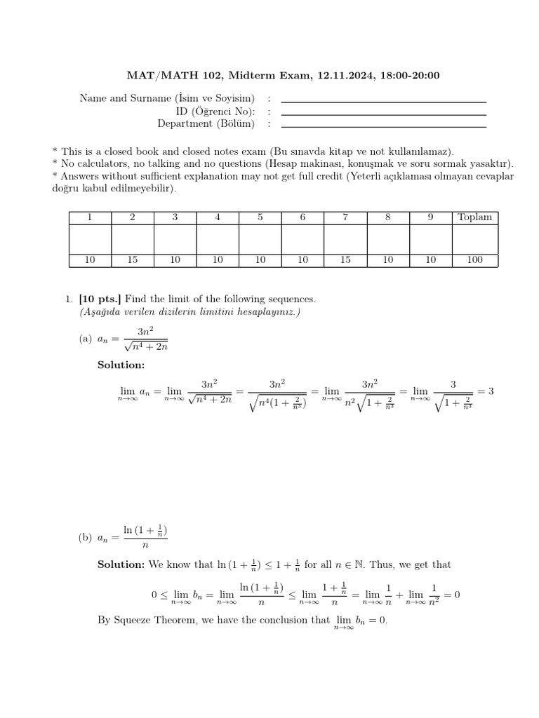 MATH102 FALL2024 Midterm Solution | PDF | Series (Mathematics) | Square Root