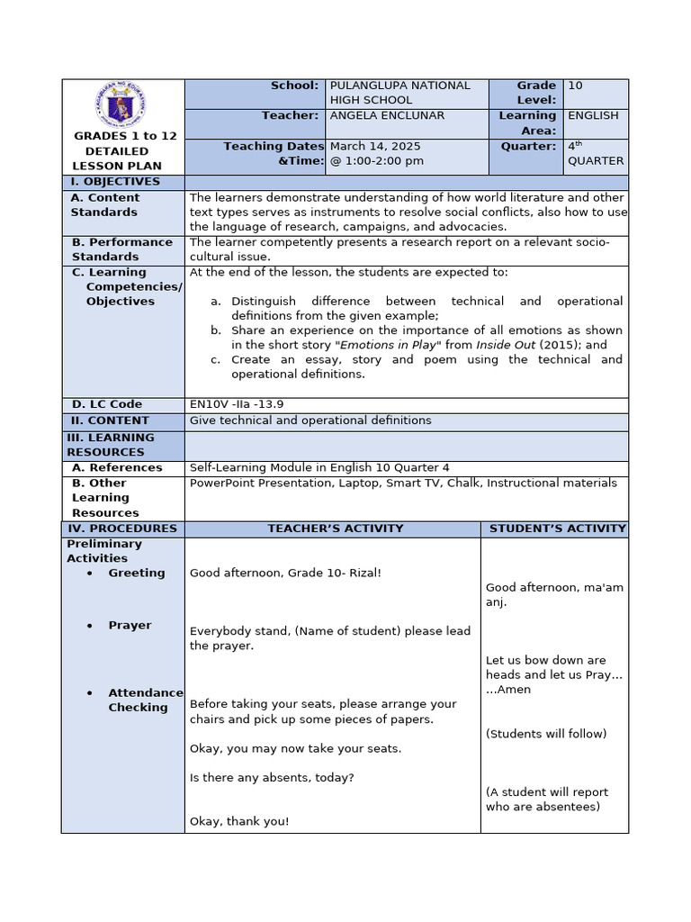 LP Demo PST Enclunar Student's | PDF | Definition | Emotions