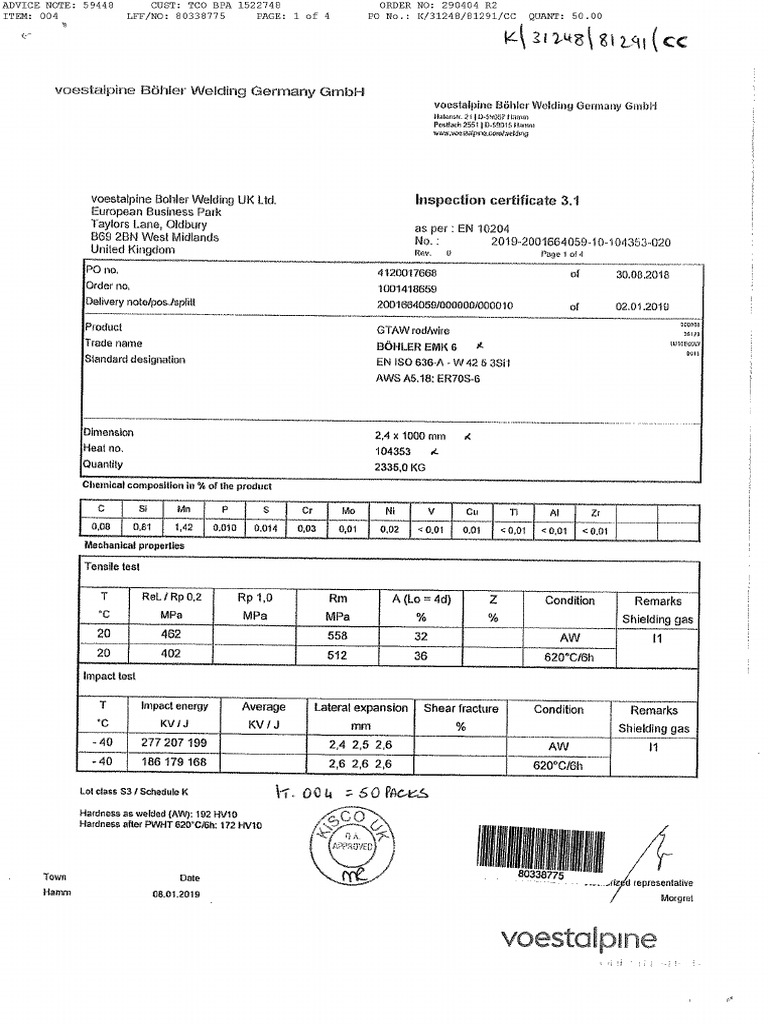 Filler Wire 2.4x1000 Bohler Emk 6 Er70s-6 Hn 104353 Po 290404-4 | PDF