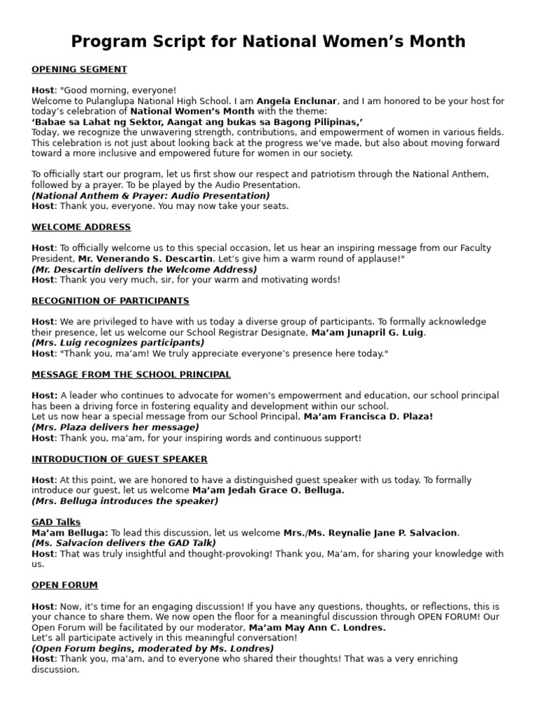 Program Script For National Women | PDF