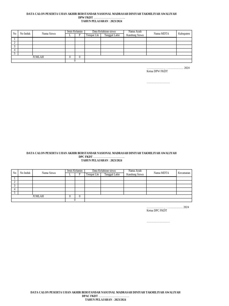Form Peserta Uabn MDT 1446 H - 2025 M | PDF