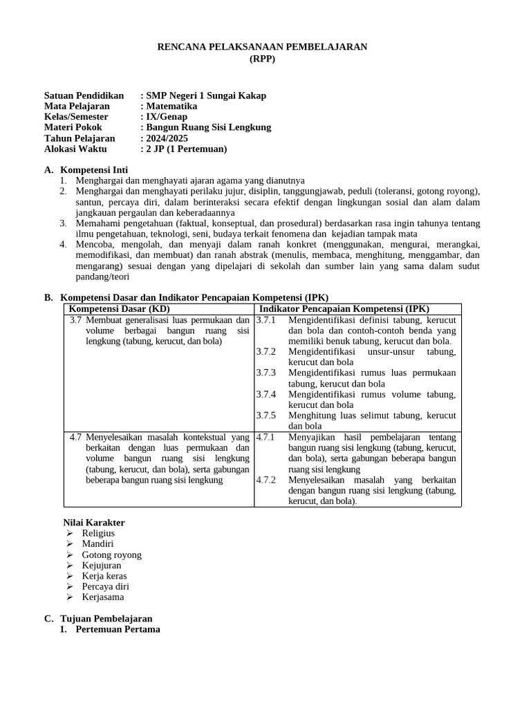 RPP Bangun Ruang Sisi Lengkung | PDF