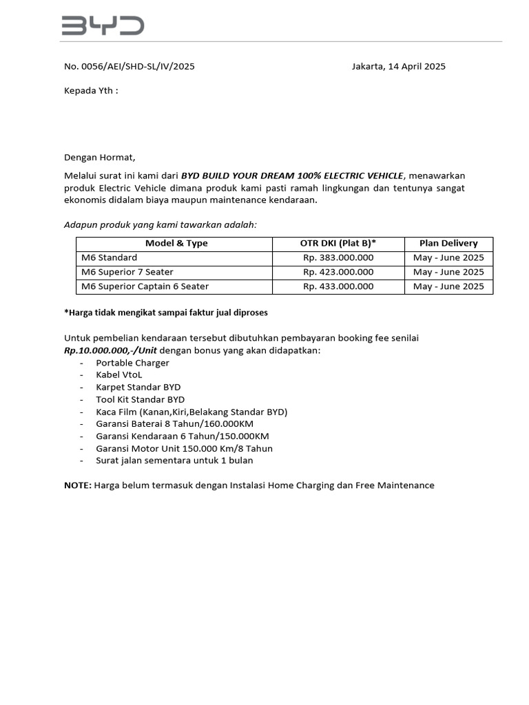 Surat Penawaran BYD - PT Sukses Jaya Interama | PDF