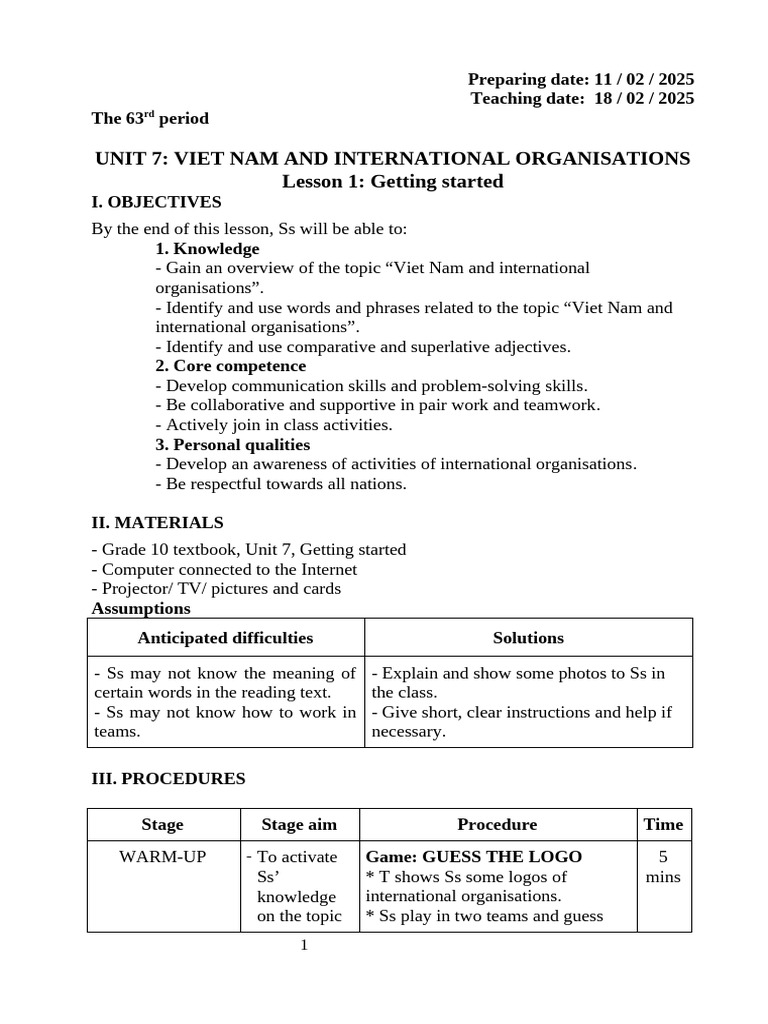 IV 1 UNIT 7 - Lesson 1 - Getting Started R | PDF | Adjective | Reading ...