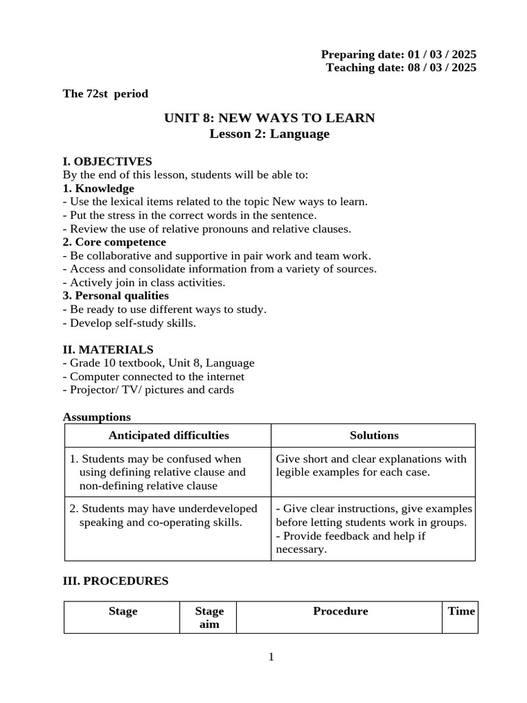 IV 4 UNIT 8 Lesson 2Language | PDF | Stress (Linguistics) | Word
