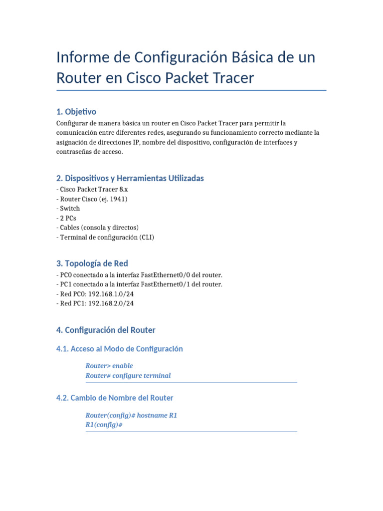 Informe Configuracion Basica Router PacketTracer | PDF | Enrutador (Computación) | Dirección IP