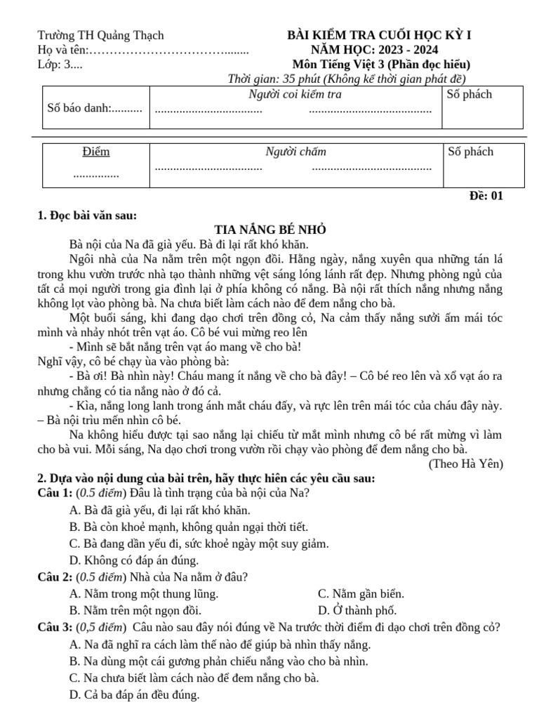 ĐỀ TV 3 HKI 2023- 2024 | PDF