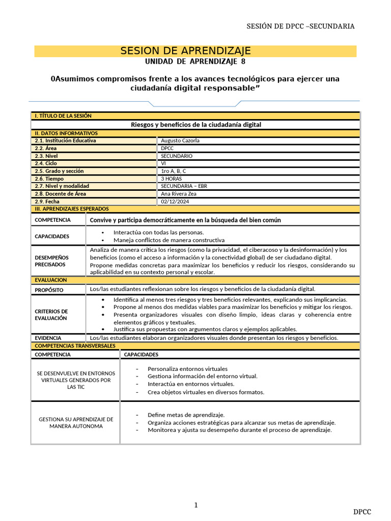1º Ses Act 35 - DPCC 2024 | PDF | Maestros | Aprendizaje