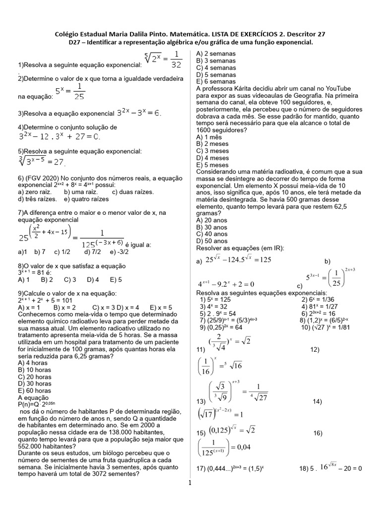 Exercícios de Funções Exponenciais | PDF | Função (Matemática) | Equações