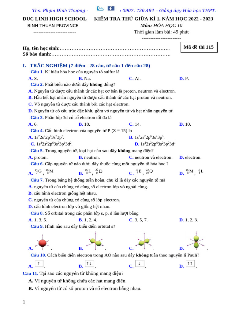 So 3 4 Minh Hoa de Gk1 Hoa 10 2022 | PDF
