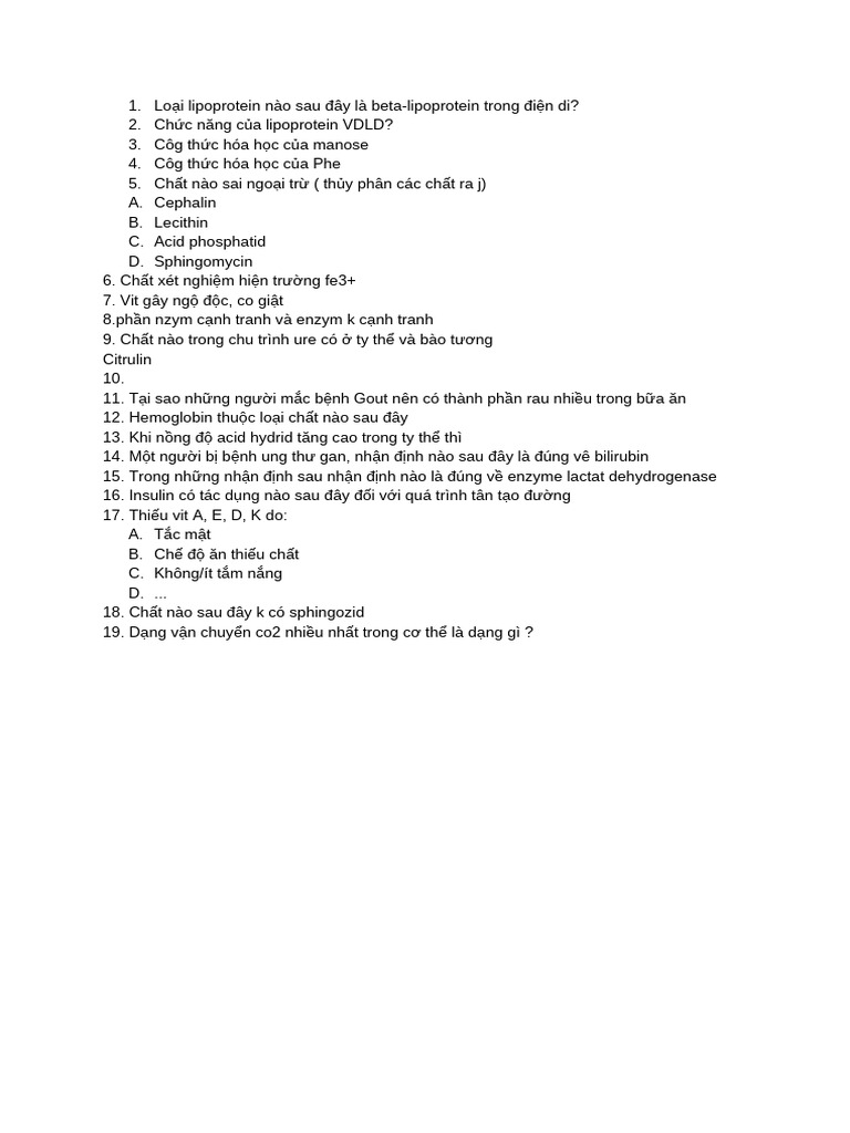 Hóa-sinh-cuối-kỳ-y19 | PDF