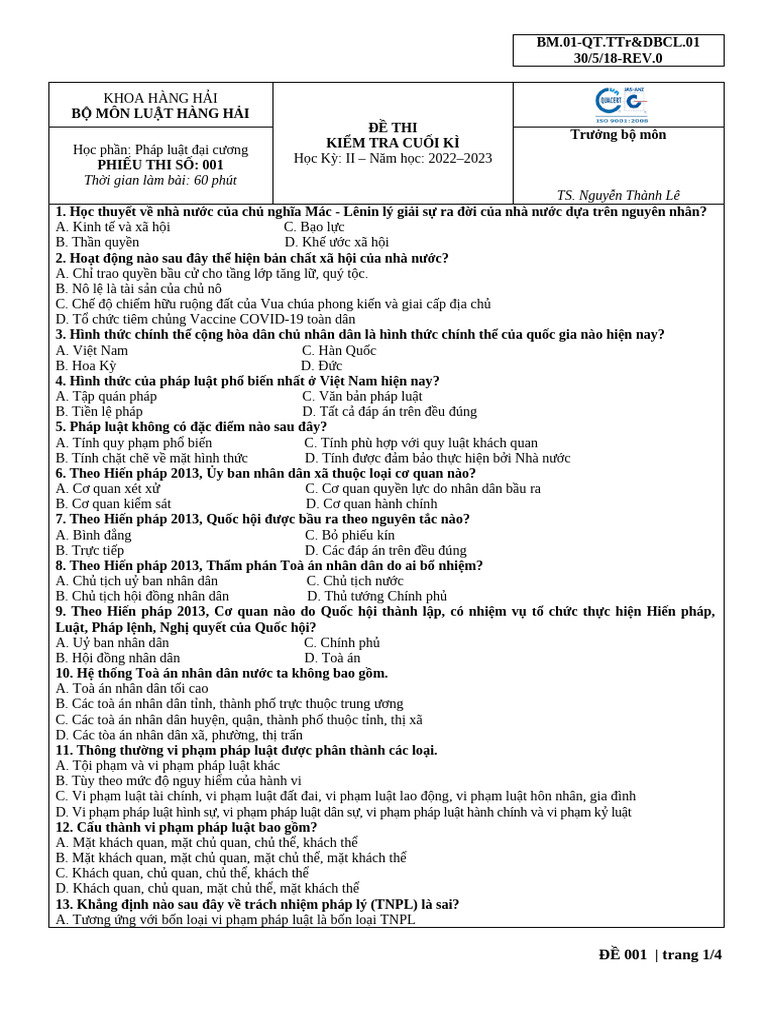 Đề PLDC 01 ky II 2021 - 2022 | PDF