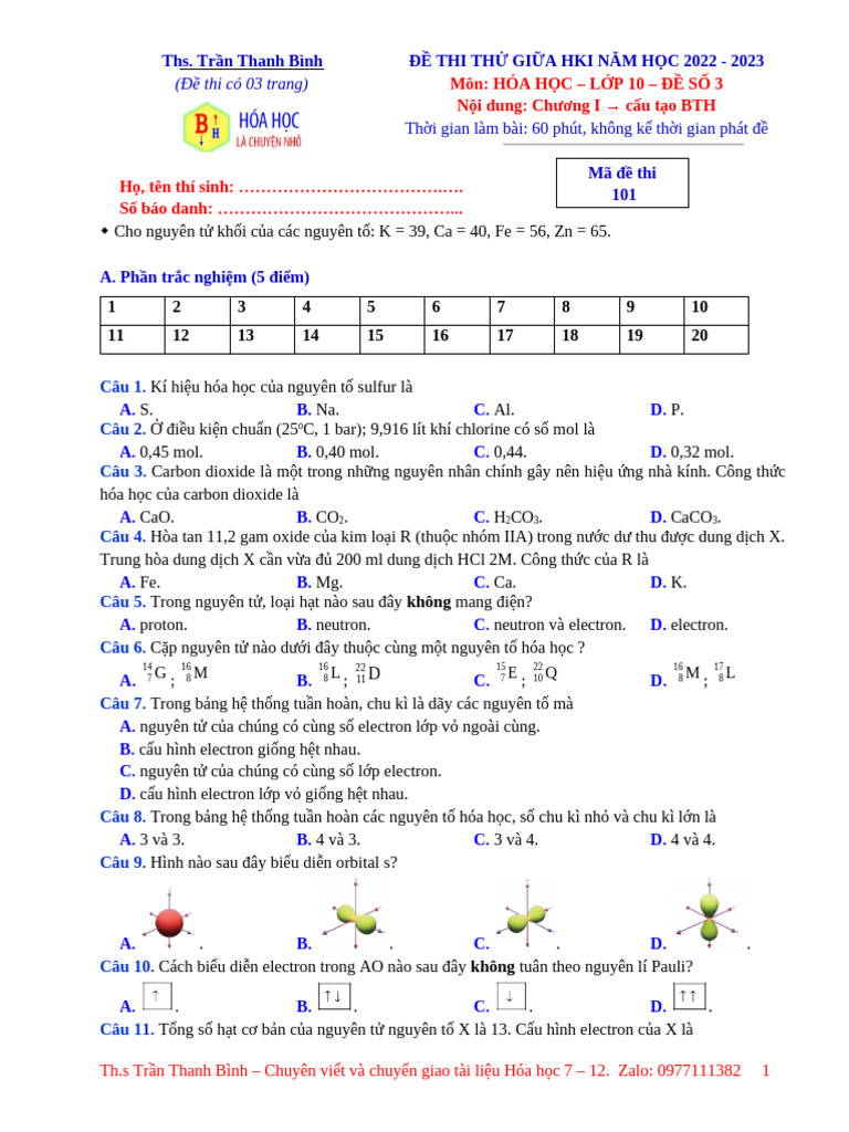 2022 - 2023. de Kiem Tra Thu Giua HKI - de So 3. TTB | PDF