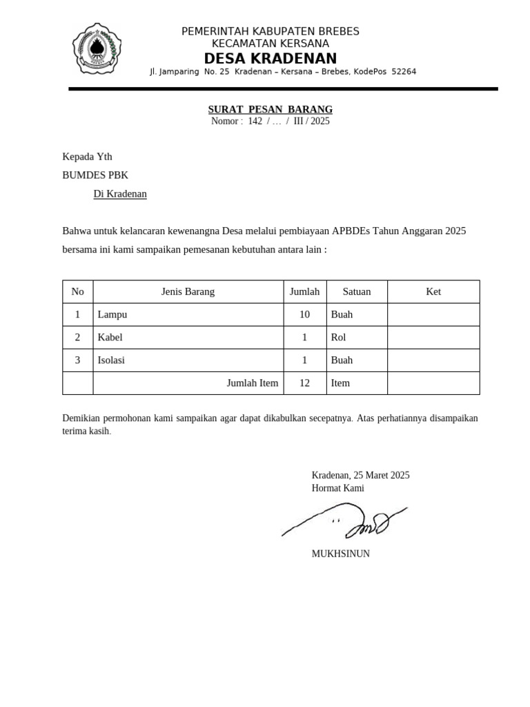 Surat Pesan Barang | PDF